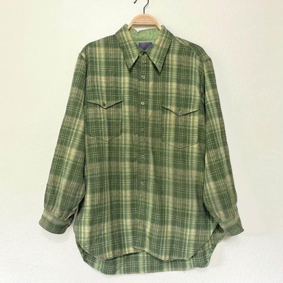 Pendleton | Tops | Vintage 6s70s Pendleton Plaid Flannel Moss Green Wool Button Up Shirt Jacket ...